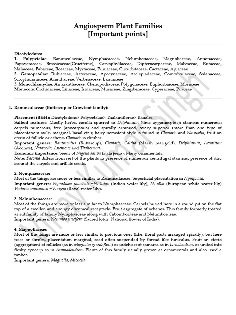 Angiosperm Plant Families by Vinay | PDF | Botany | Science & Mathematics
