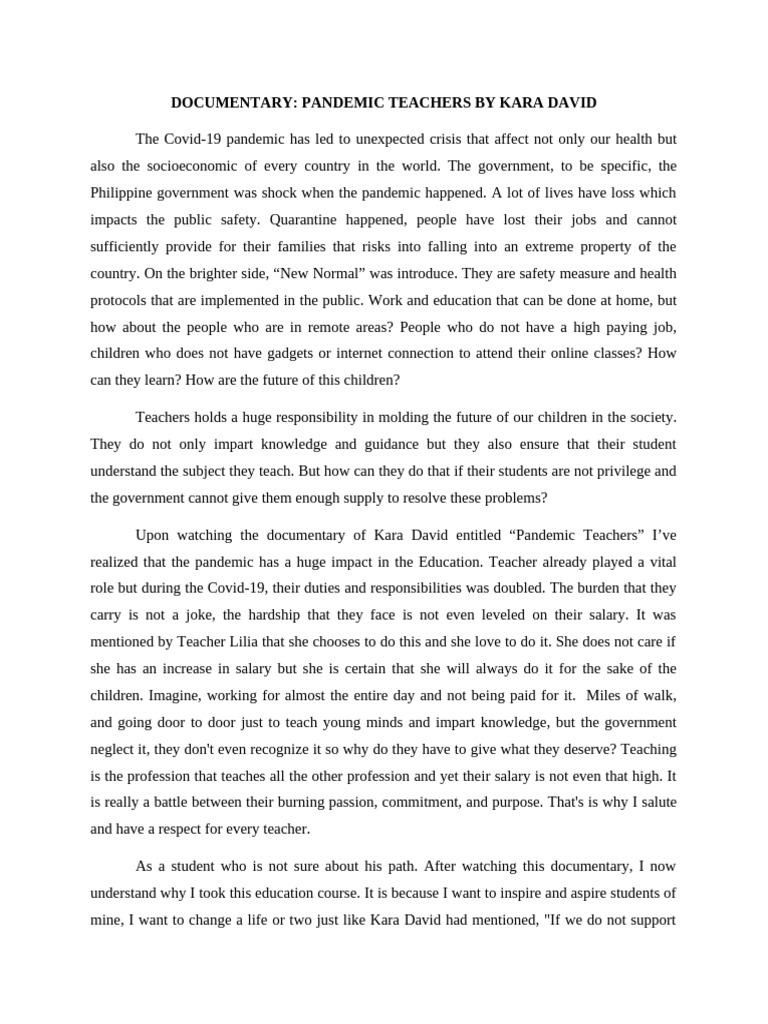 DOCUMENTARY: PANDEMIC TEACHERS BY KARA DAVID (REFLECTION) | PDF