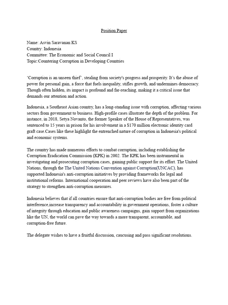 Indonesia-Position Paper-ECOSOC-I - ASVIN SARAVANAN K S CSA ERD | PDF ...