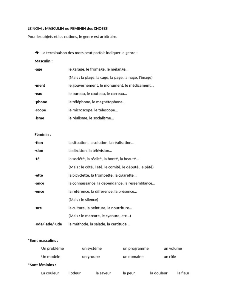 LE NOM - Masculin Ou Feminin Des Choses | PDF