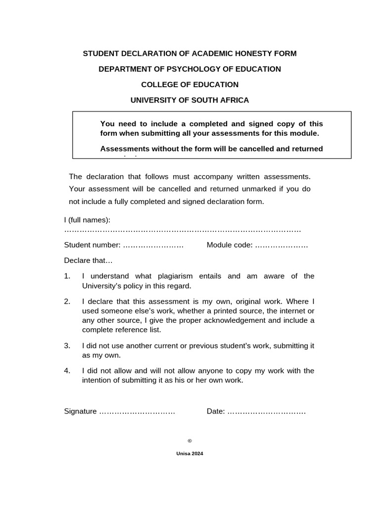 STUDENT DECLARATION OF ACADEMIC HONESTY FORM Declaration | PDF
