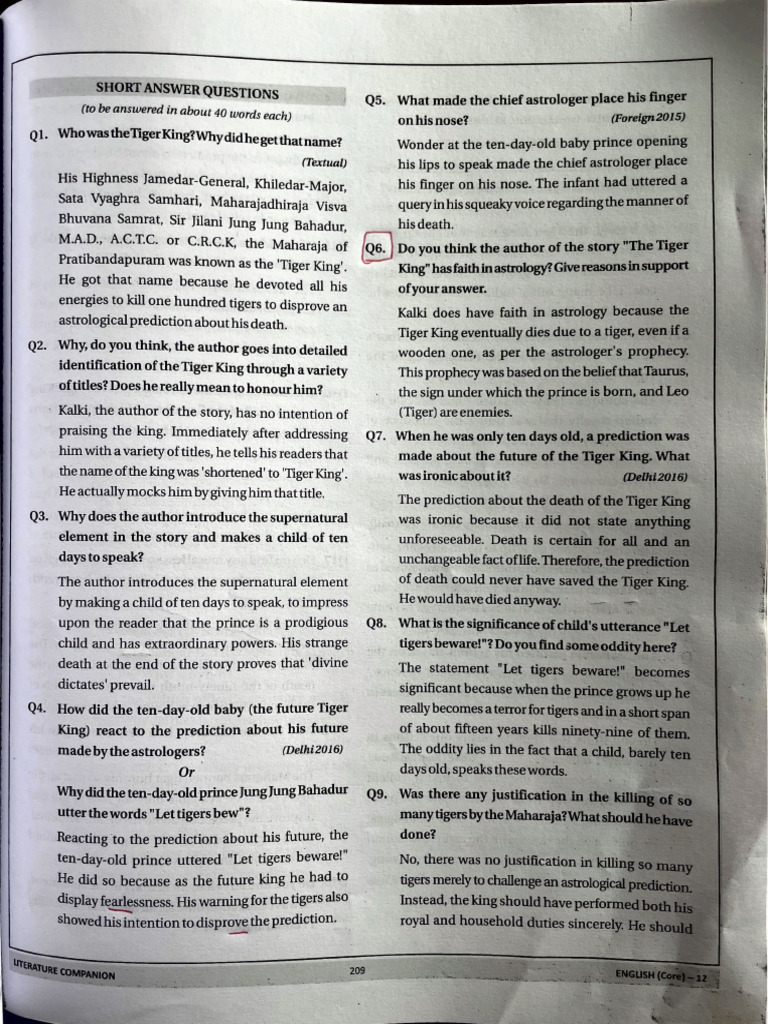 Tiger king questions class 12 | PDF