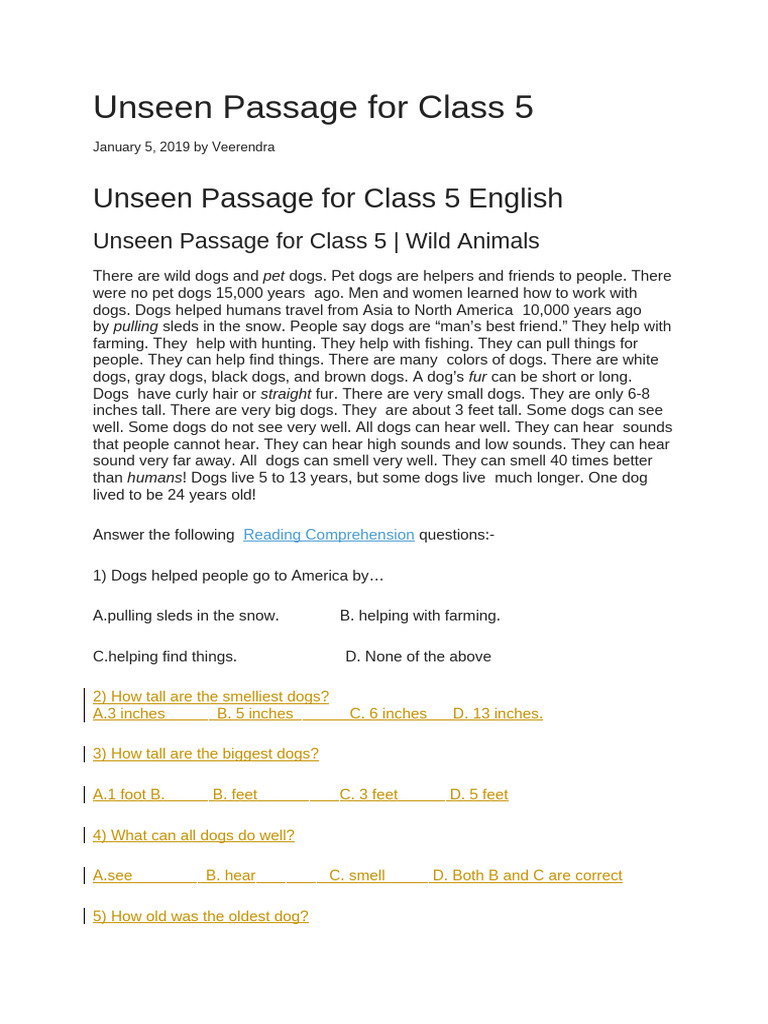 Unseen Passage for Class 5 | PDF