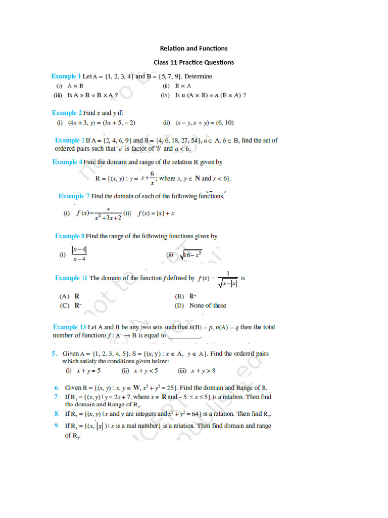 Relation and Functions Practice Questions | PDF