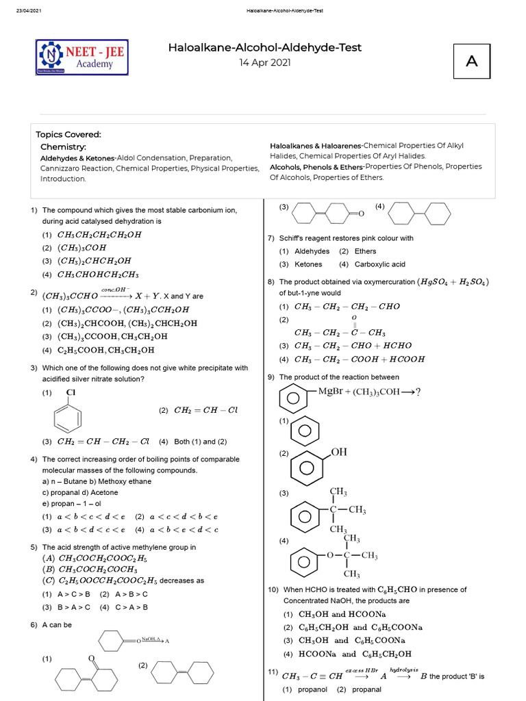 Haloalkane Alcohol Aldehyde Test | PDF | Aldehyde | Ether