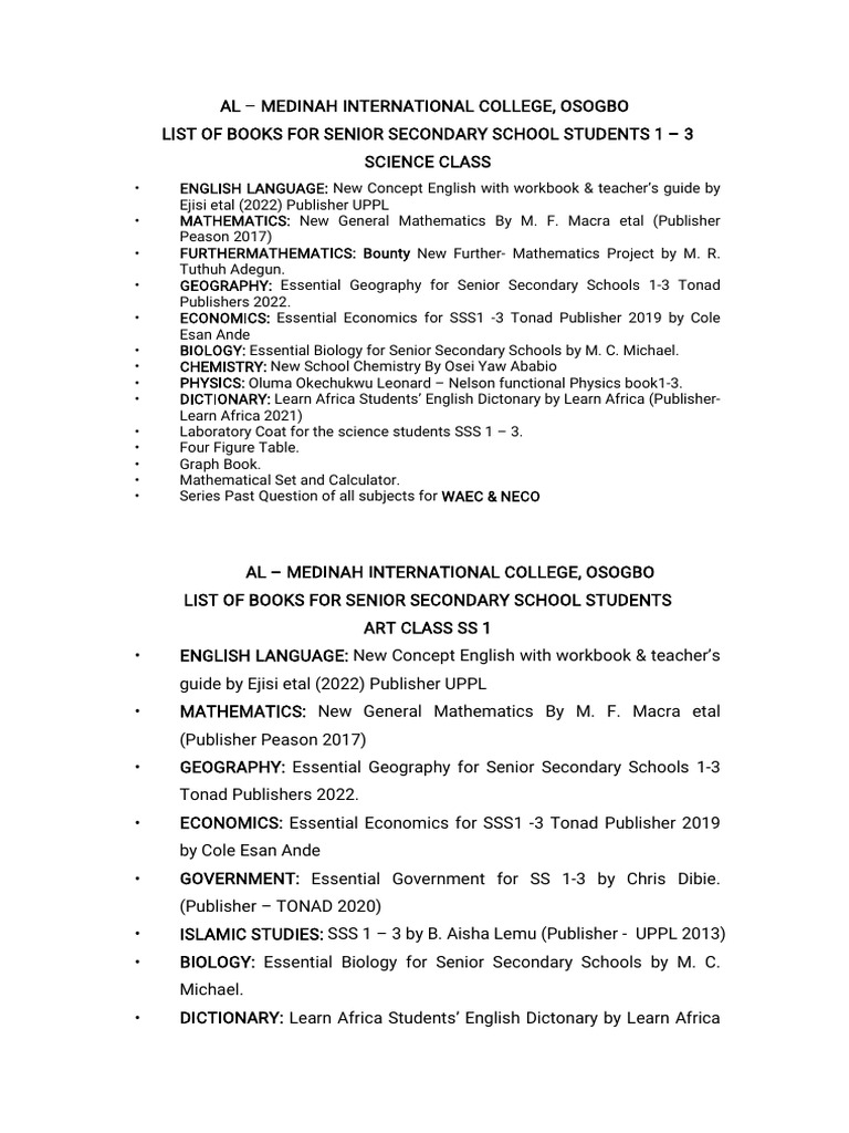 List of Textbooks For Secondary School | PDF