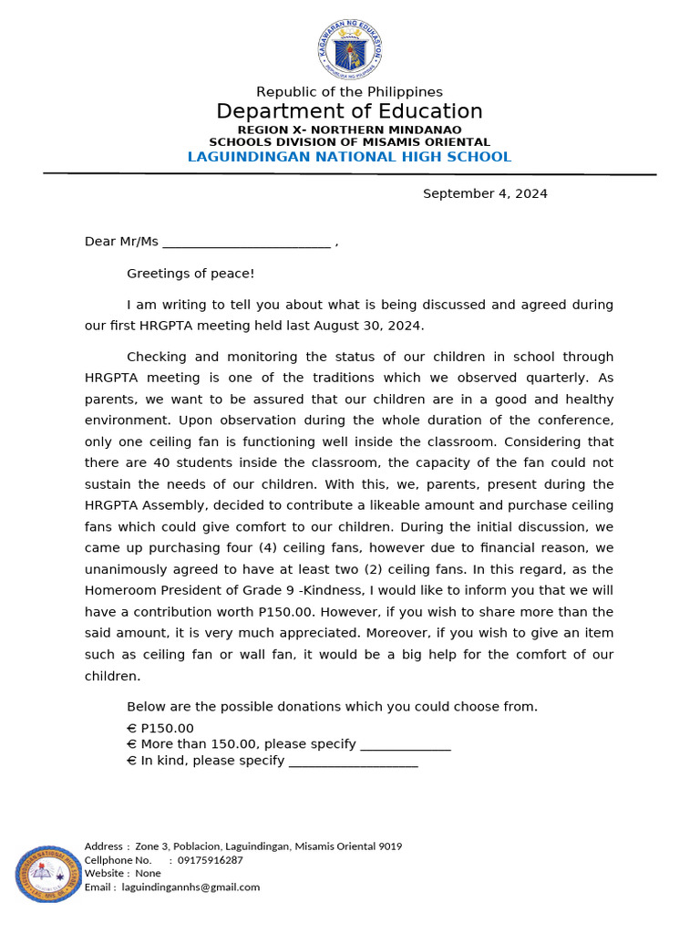 Letter about Classroom Project | PDF