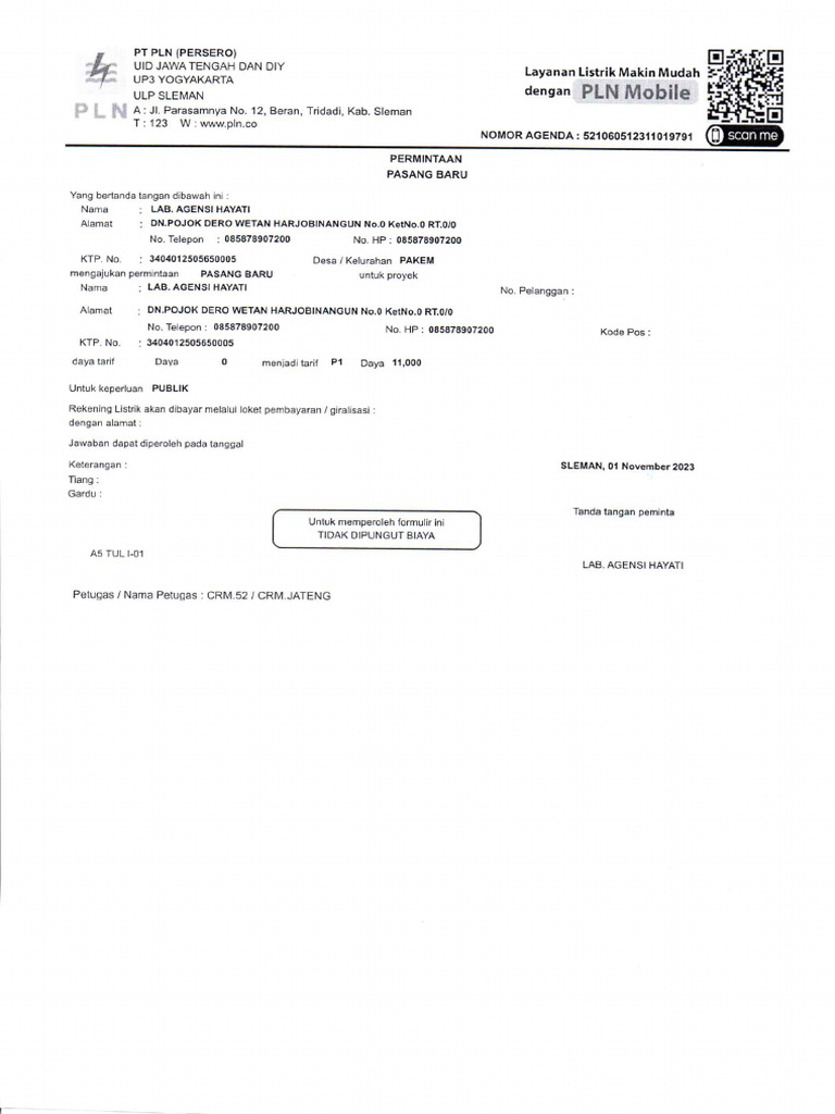 Surat Permohonan Pasang 0001 | PDF