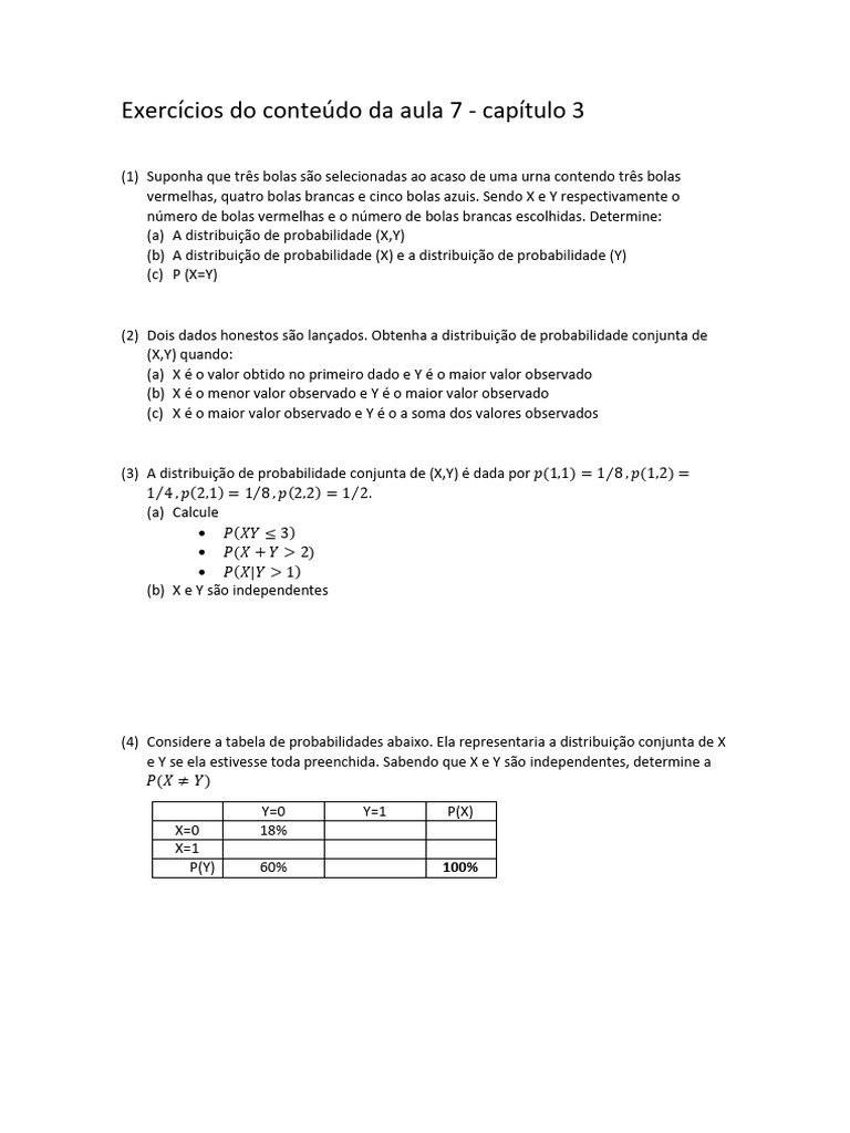 Exercícios do conteúdo da aula 7 capítulo 3 - com as respostas | PDF