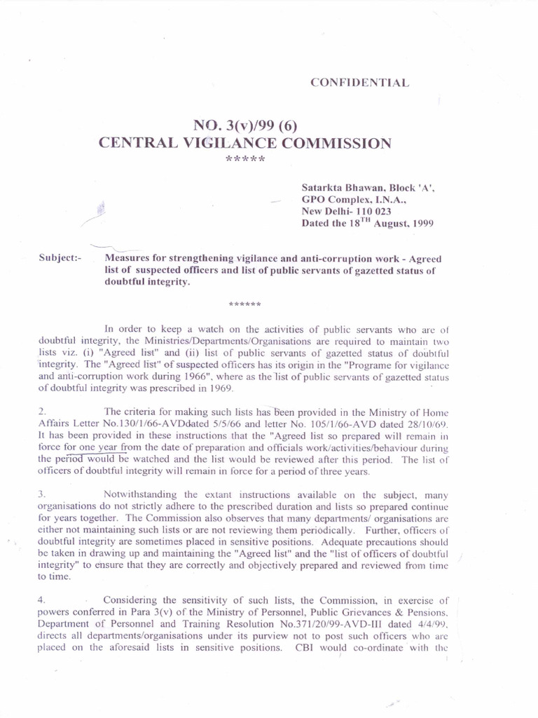 CVC Circular No. 3 (V) - 99 (6) Dated 18.08.1999 | PDF