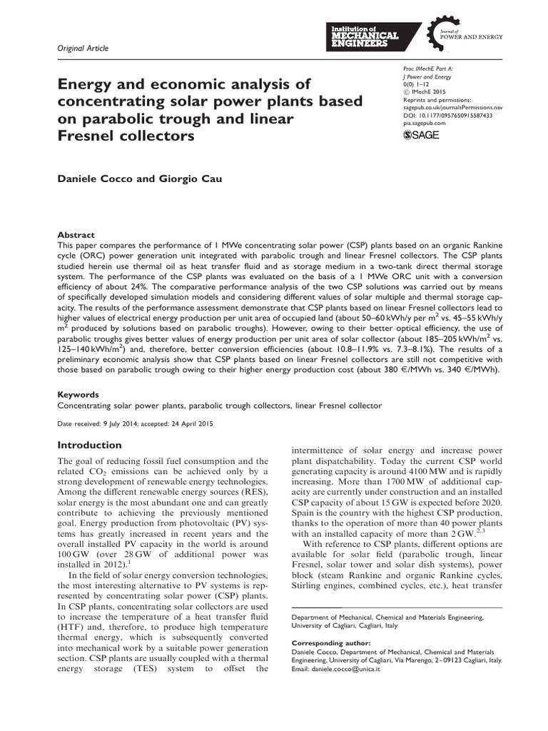 Energy and Economic Analysis of CSP Plants Based On PTC and LFC | PDF