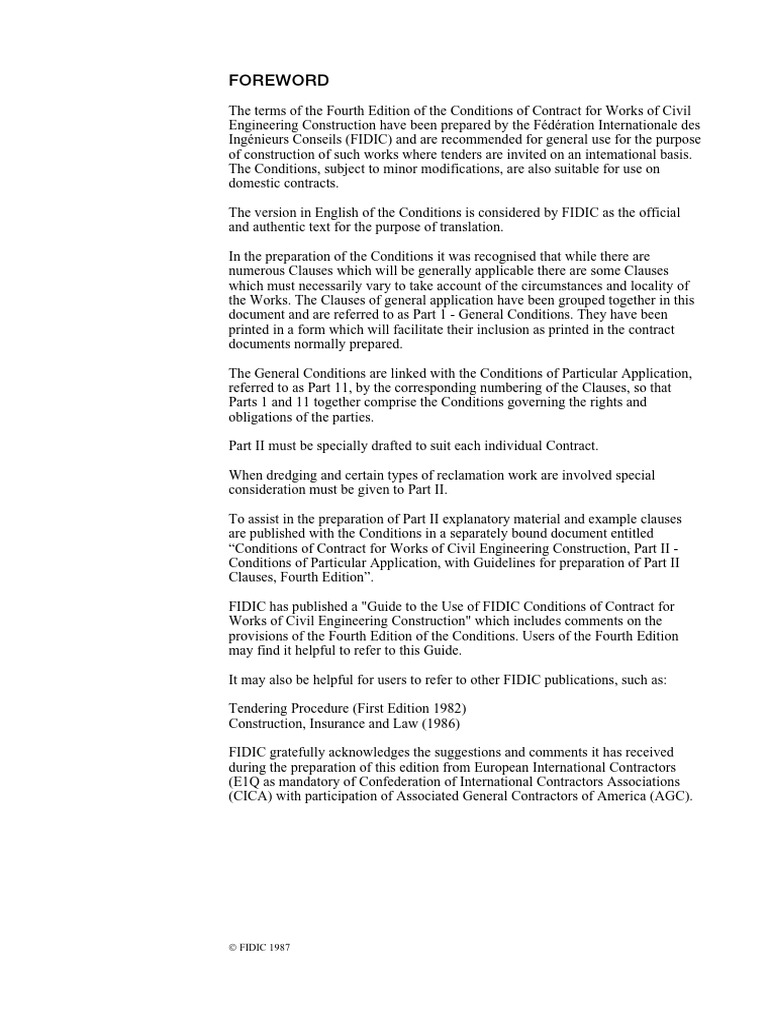 FIDIC 1987 Conditions Overview | PDF | Civil Law (Legal System ...