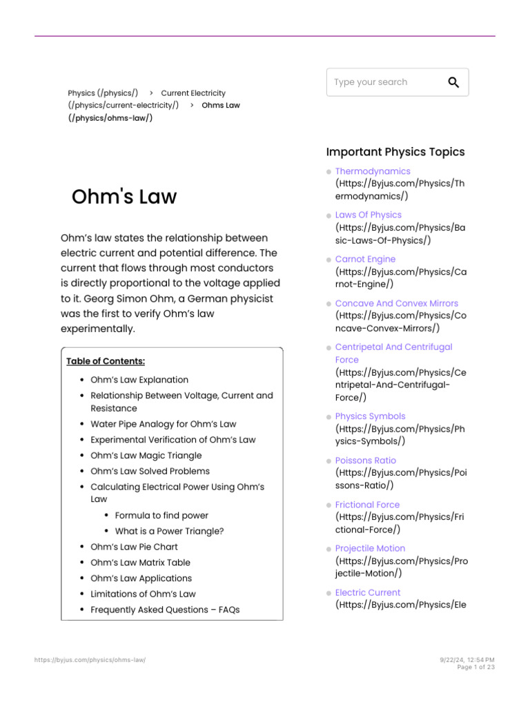 Ohm's Law - Statement, Formula, Solved Examples, Verification, FAQs | PDF