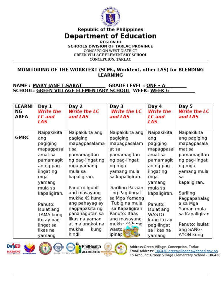 Grade 1 a Monitoring of Worksheet Week 6 Mts | PDF