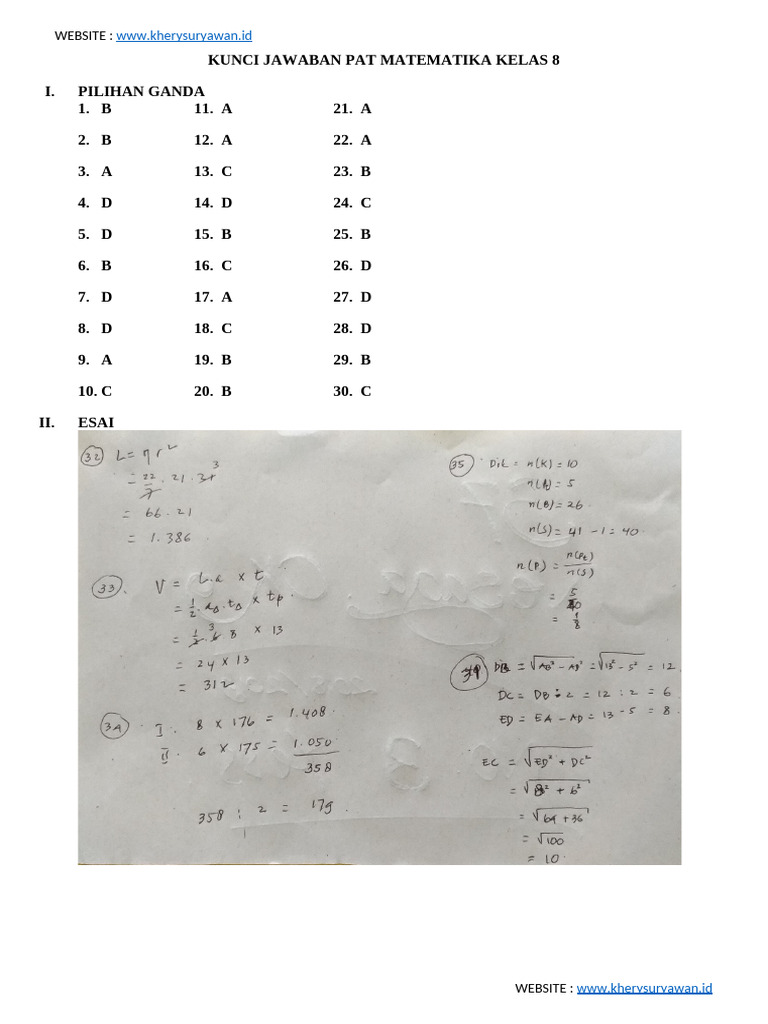 KUNCI JAWABAN PAT MATEMATIKA KELAS 8 MTs pui cwg | PDF