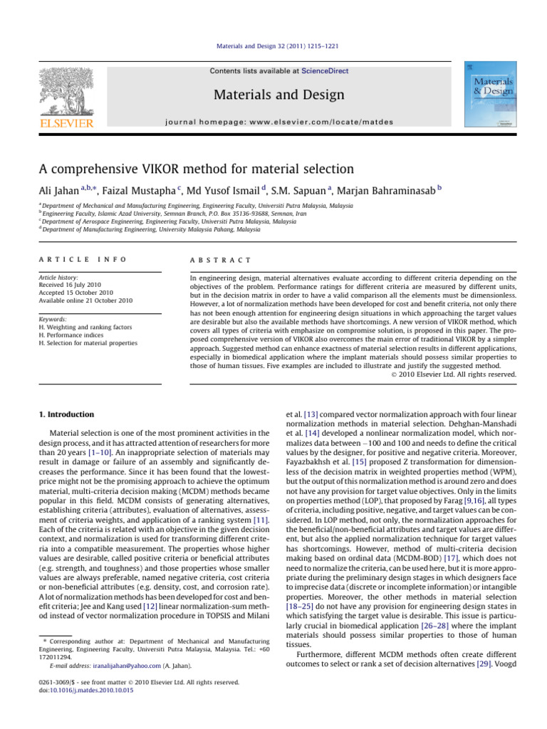 A Comprehensive VIKOR Method For Material Selection | PDF