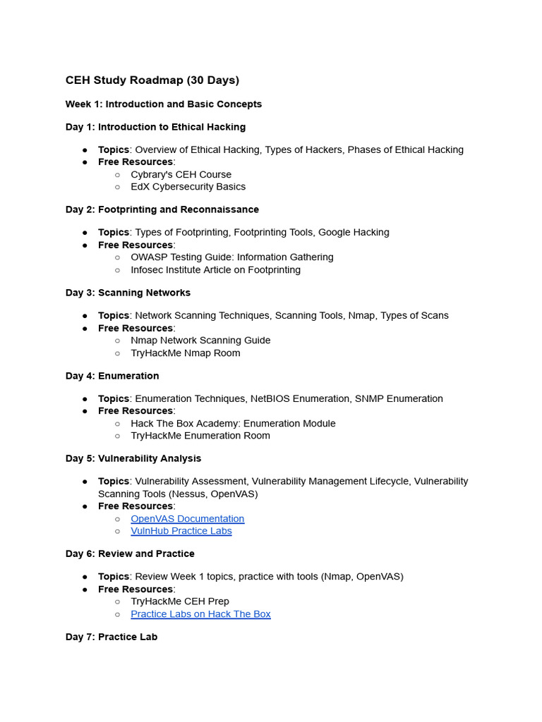 CEH Study Roadmap (30 Days) | PDF