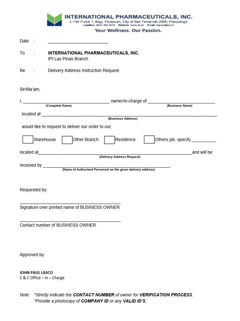 Delivery Address Instruction Form | PDF
