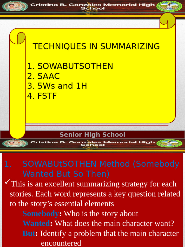 Various Techniques in Summarizing 2 | PDF Various Techniques in Summarizing 2 | PDF