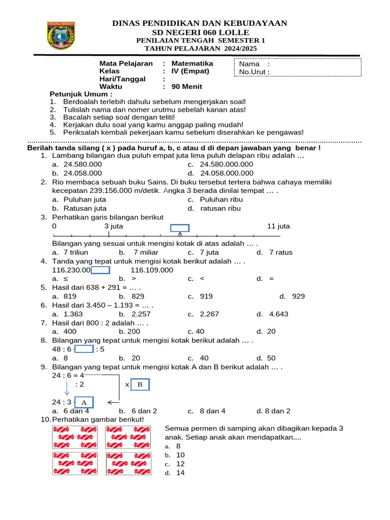 Soal PTS 1 MTK Kelas 4 | PDF