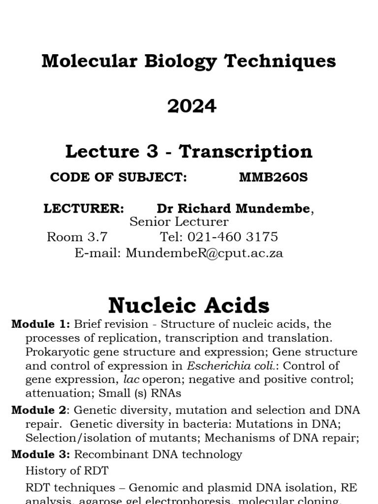 MMB260S Module 1 Lecture 3 - Transcription 2024 | PDF