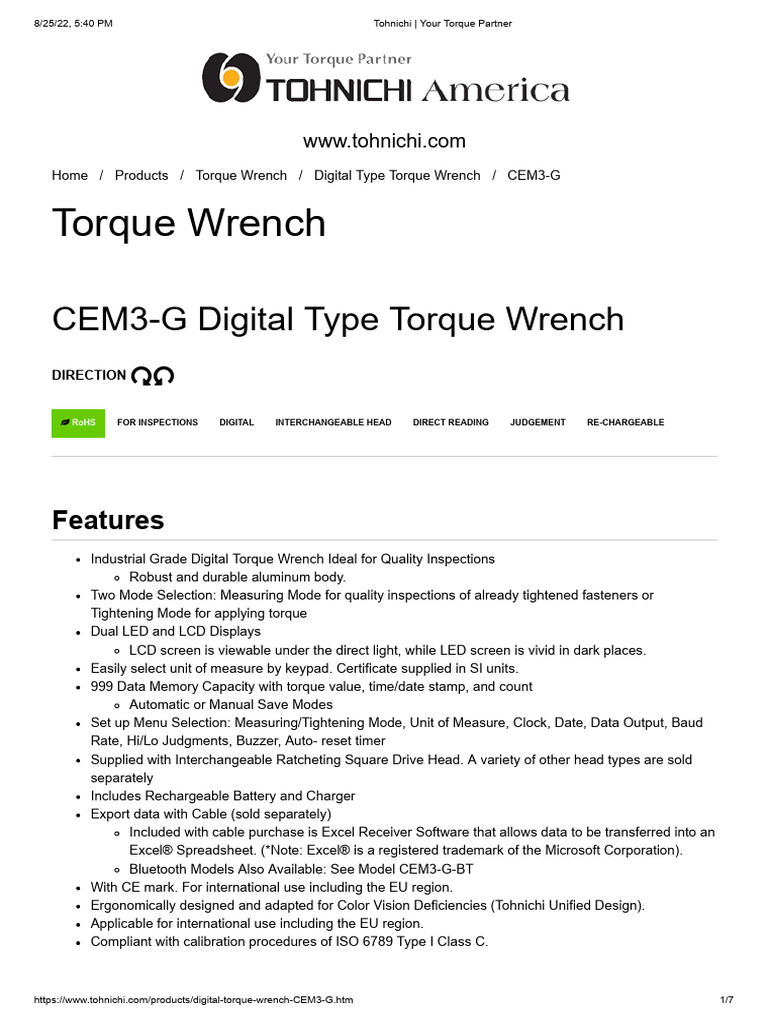 Tohnichi-Torque Wrench-Data Transfer-CEM3-G-details | PDF | Battery ...