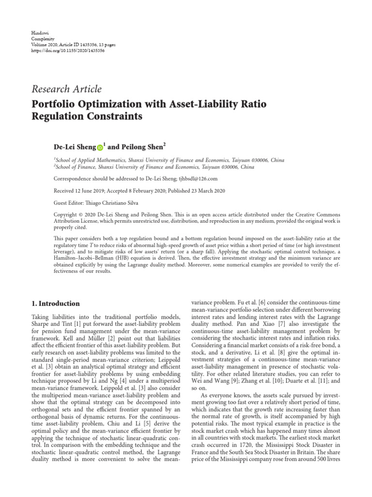 Portfolio Optimization With Asset-Liability Ratio | PDF | Leverage (Finance) | Mathematical ...