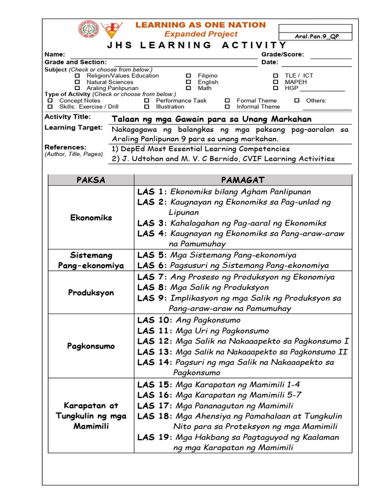Aral Pan 9 Q1 Plan | PDF