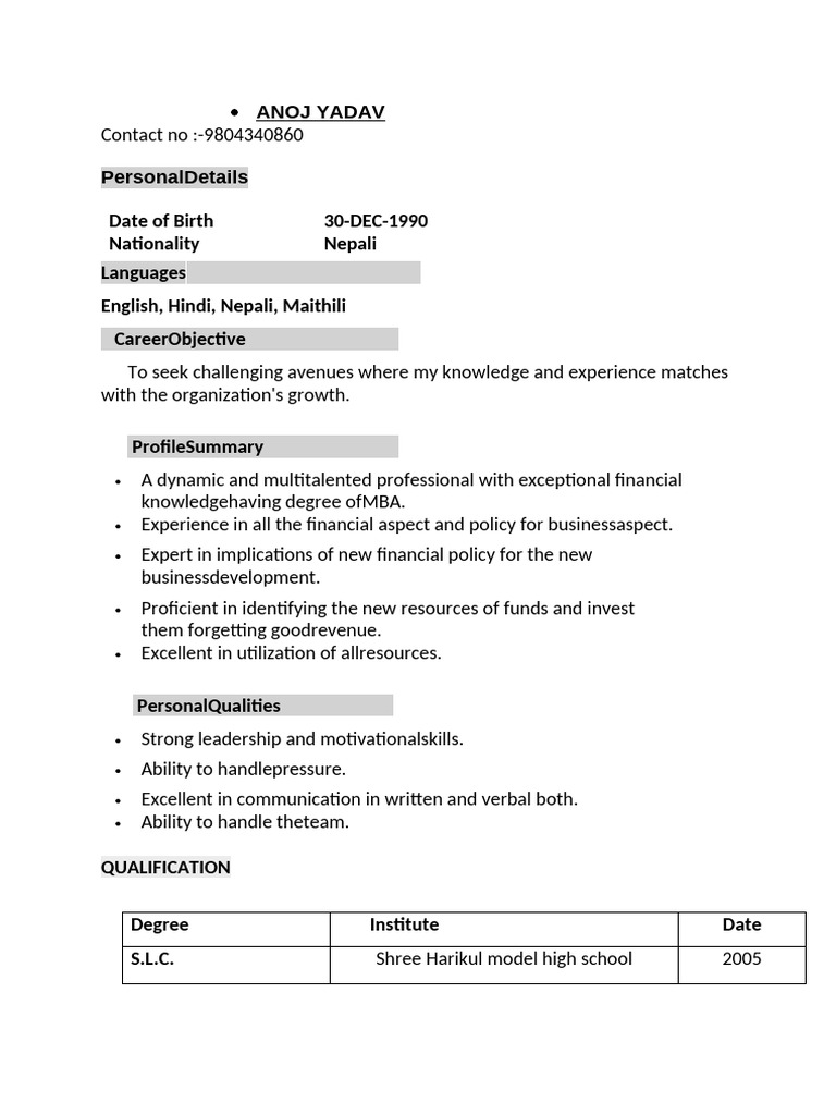 Anoj Yadav - cv1 | PDF