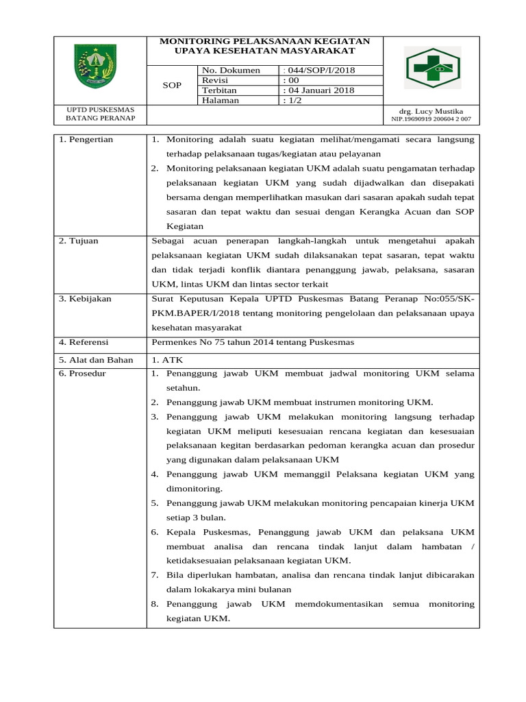 EP 2. SOP Monitoring Pelaksanaan UKM | PDF