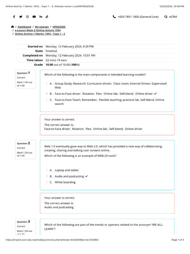 Online Activity 1 (Marks 10%) Topic 1 - 5 Attempt Review myINSPIRE@OUM | PDF