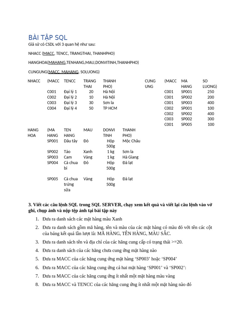 Bài Tập SQL - Số 1 | PDF | Vietnam