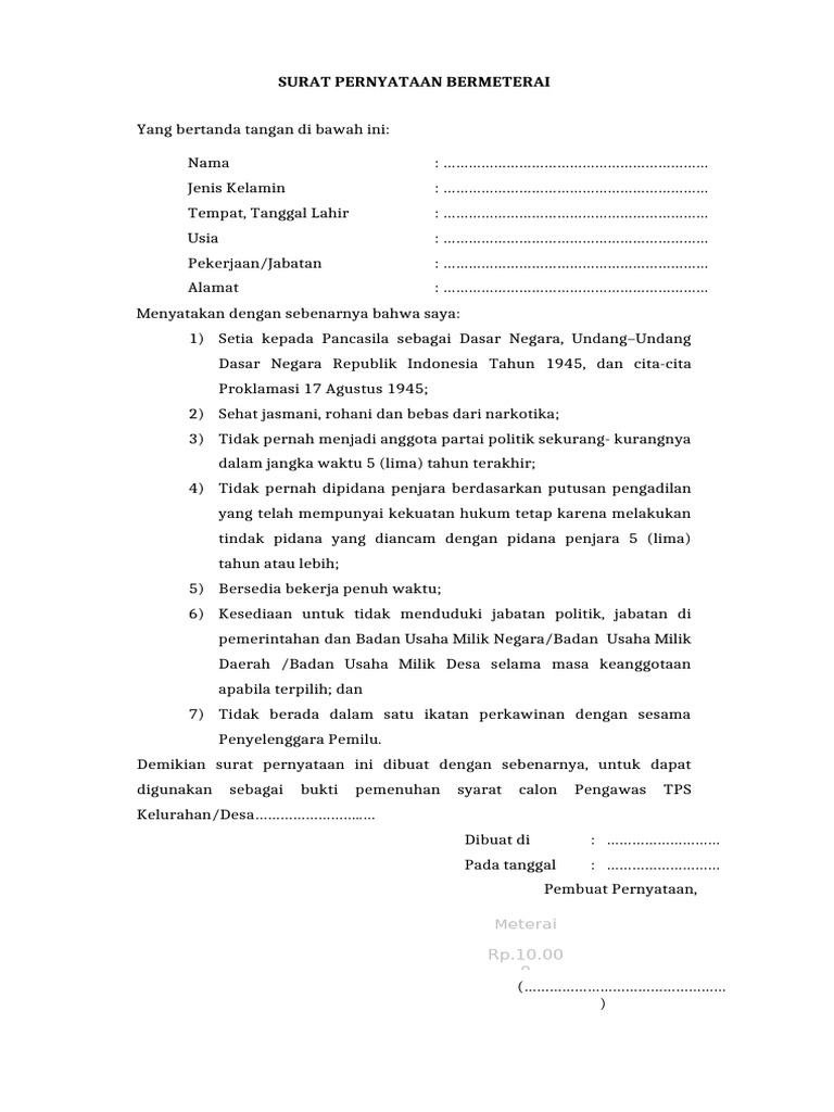 Surat Pernyataan Bermaterai | PDF