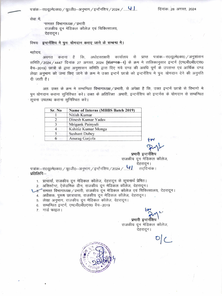 Letter To HODs For Rejoining of 06 Interns of MBBS Batch 2019 A | PDF