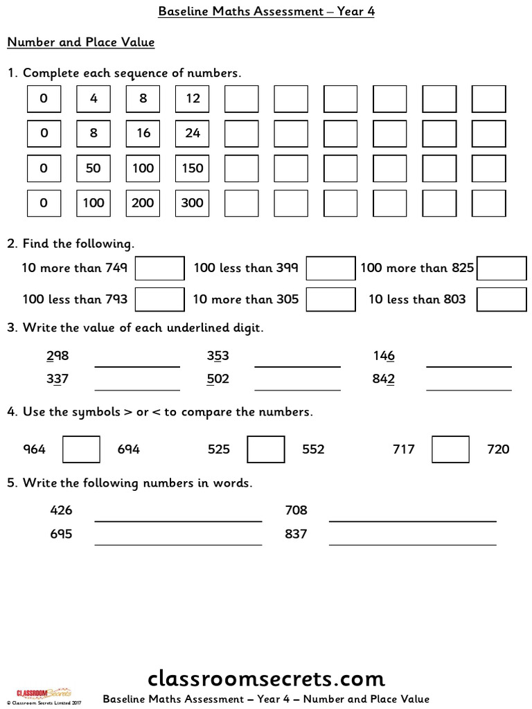 Maths Year 4 Baseline Refresher Test | PDF