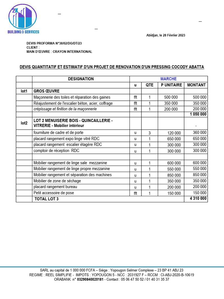 Devis Quantitatif Et Estimatif D'un Projet de Renovation D'un Pressing ...