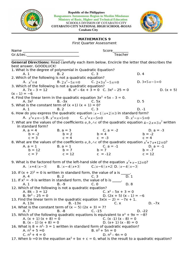 1st Quarter Exam Math9 OHSP | PDF