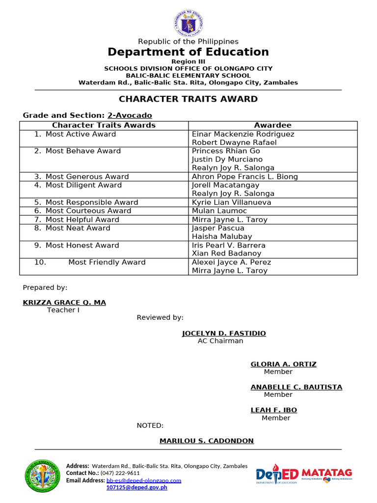 Character Traits Award | PDF