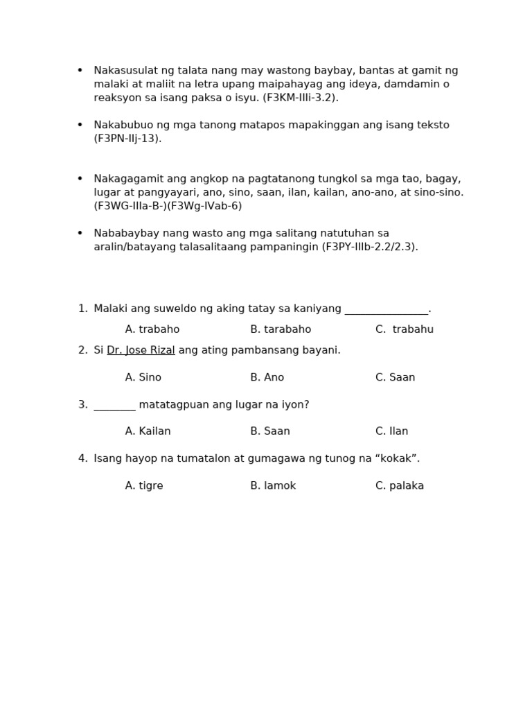 FILIPINO QUESTIONS | PDF
