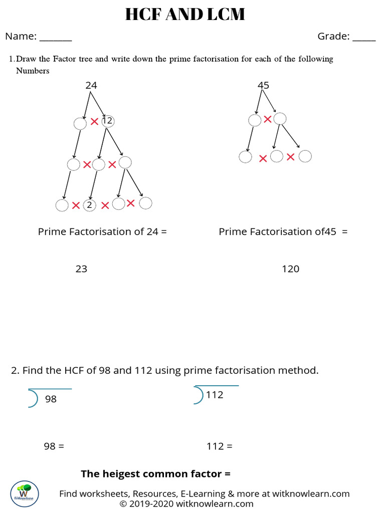 HCF and LCM HCF and LCM Worksheet 0 2020 23-05-123246 | PDF