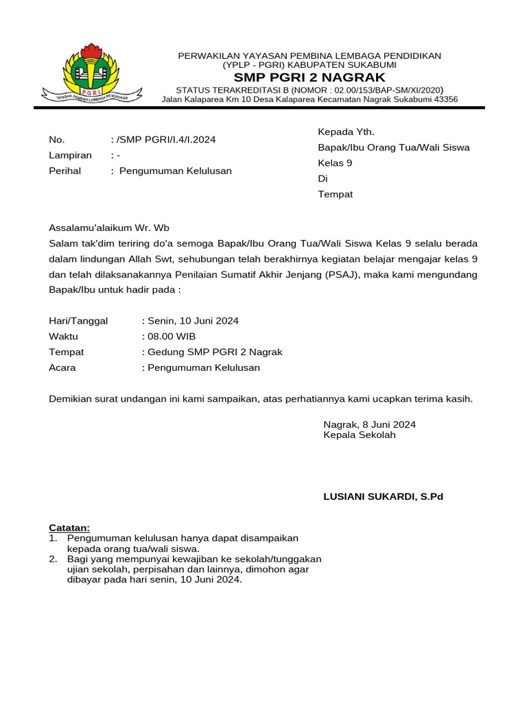 Surat Undangan Kelulusan SMP 2024 | PDF