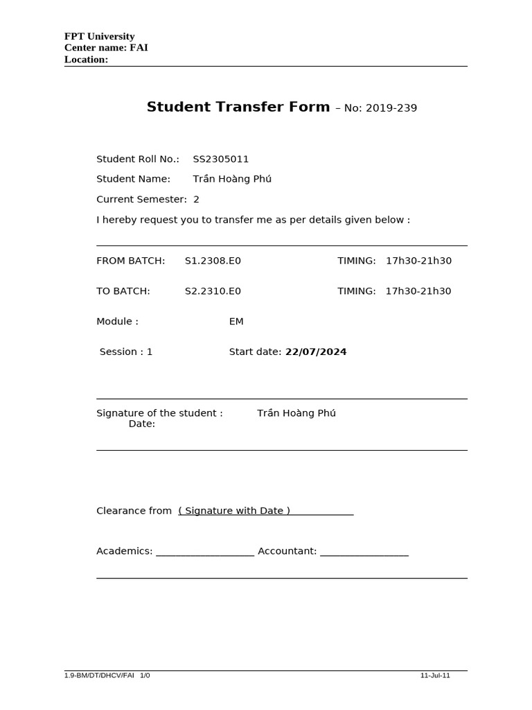 Transfer Form-Chuyenlop WGA | PDF