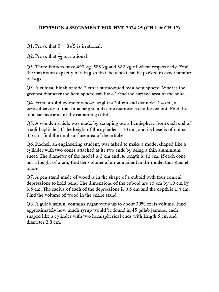Revision Assignment for Hye 2024 25 | PDF Revision Assignment for Hye 2024 25 | PDF