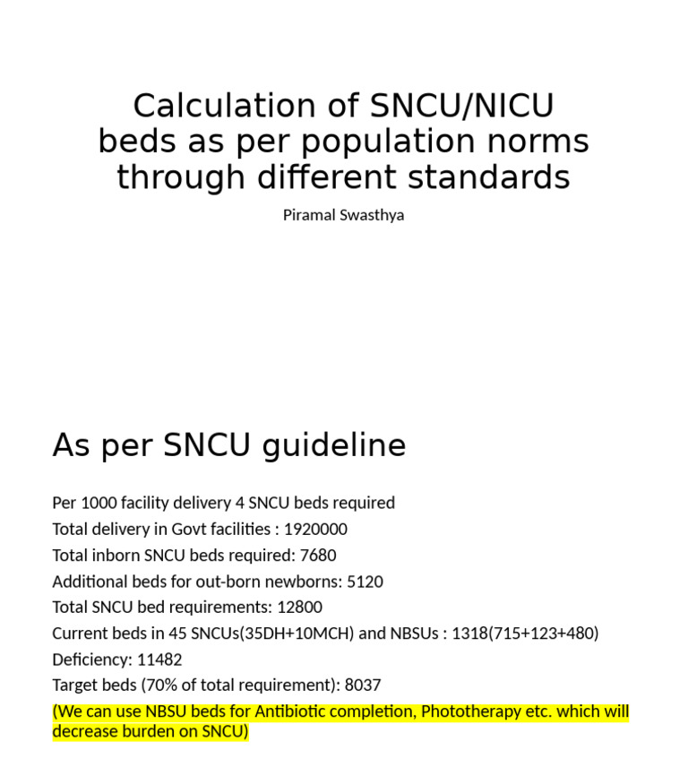Calculation of SNCU Beds As Per SNCU Guideline | PDF