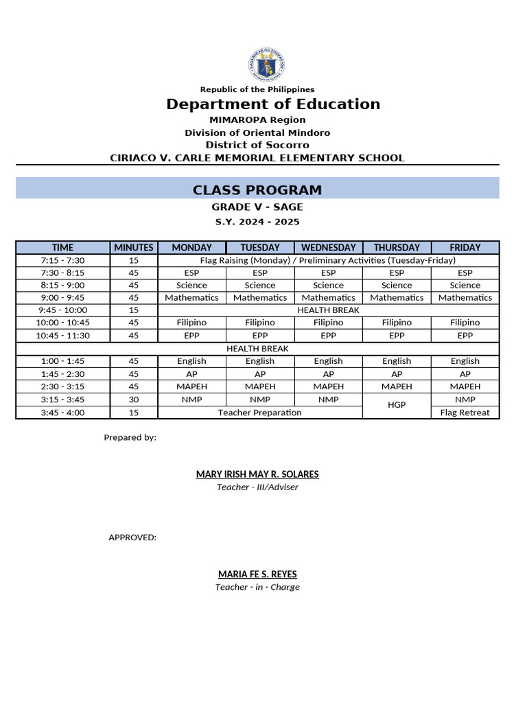 KS2 - Class Program - CPES | PDF