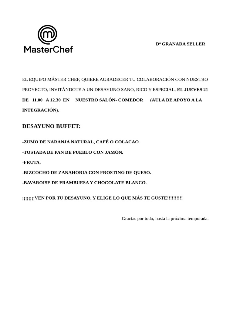 INVITACION MASTER CHEF | PDF