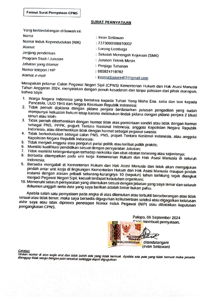Surat Pernyataan Irvan | PDF