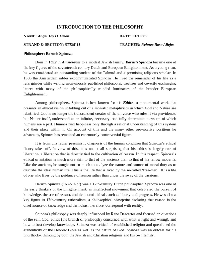 Baruch Spinoza (Intro To Philo) | PDF