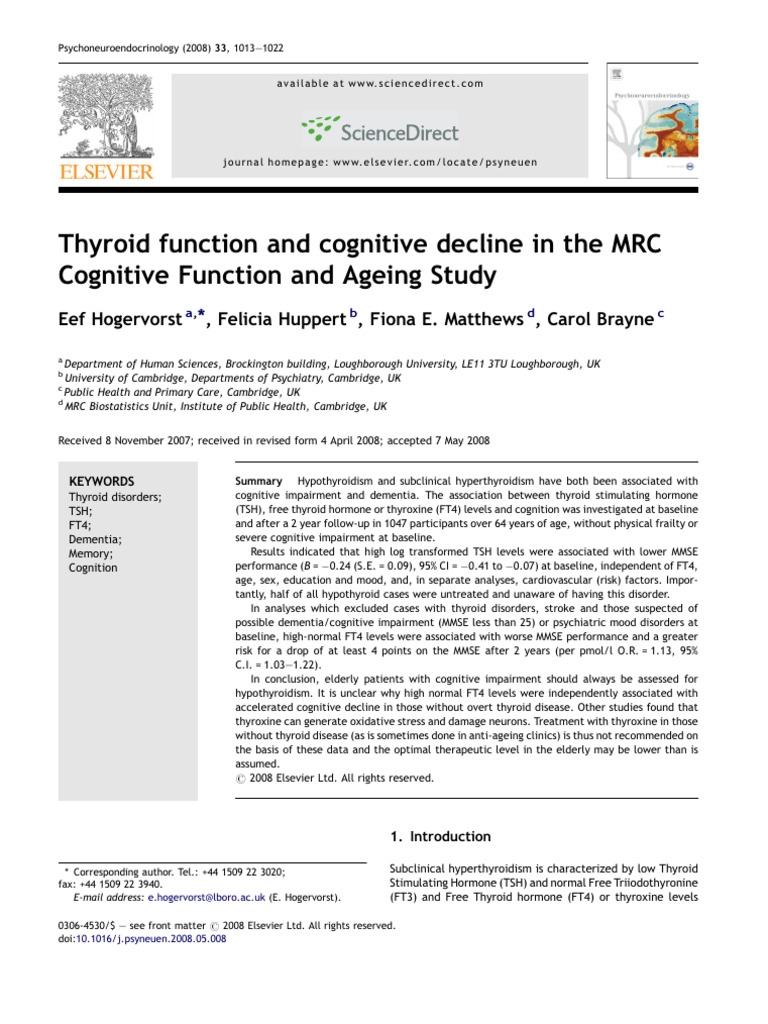 Thyroid Function and Cognitive Decline in The MRC Cognitive Function and Ageing Study | PDF