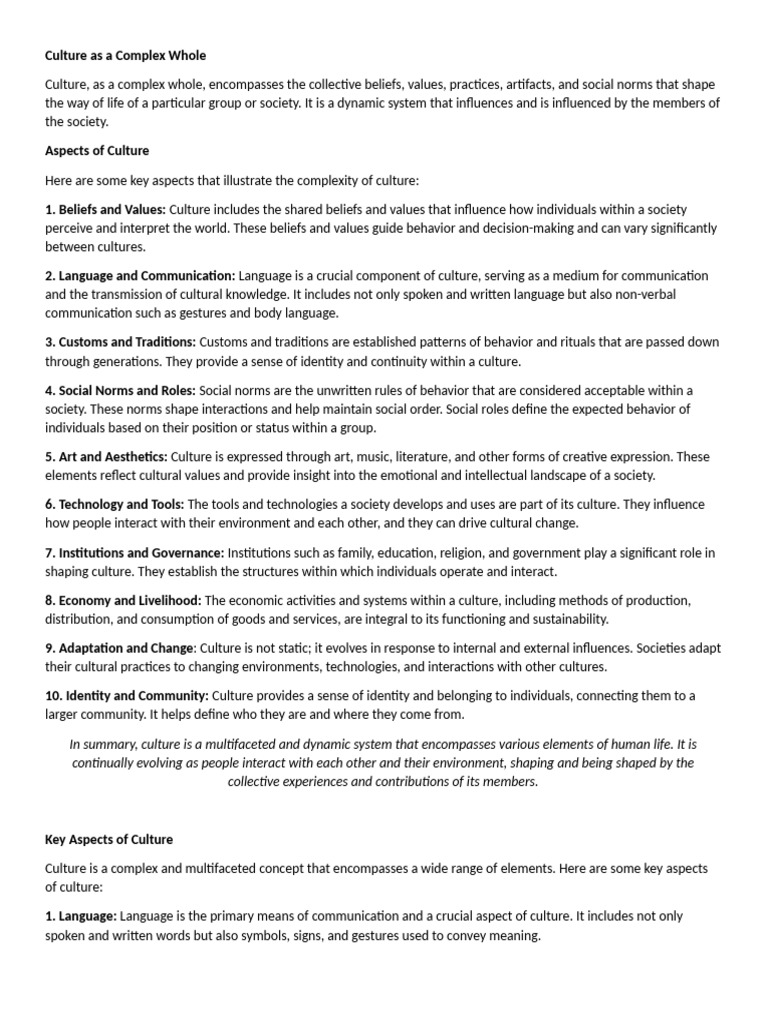 Culture As A Complex Whole | PDF | Communication | Rituals